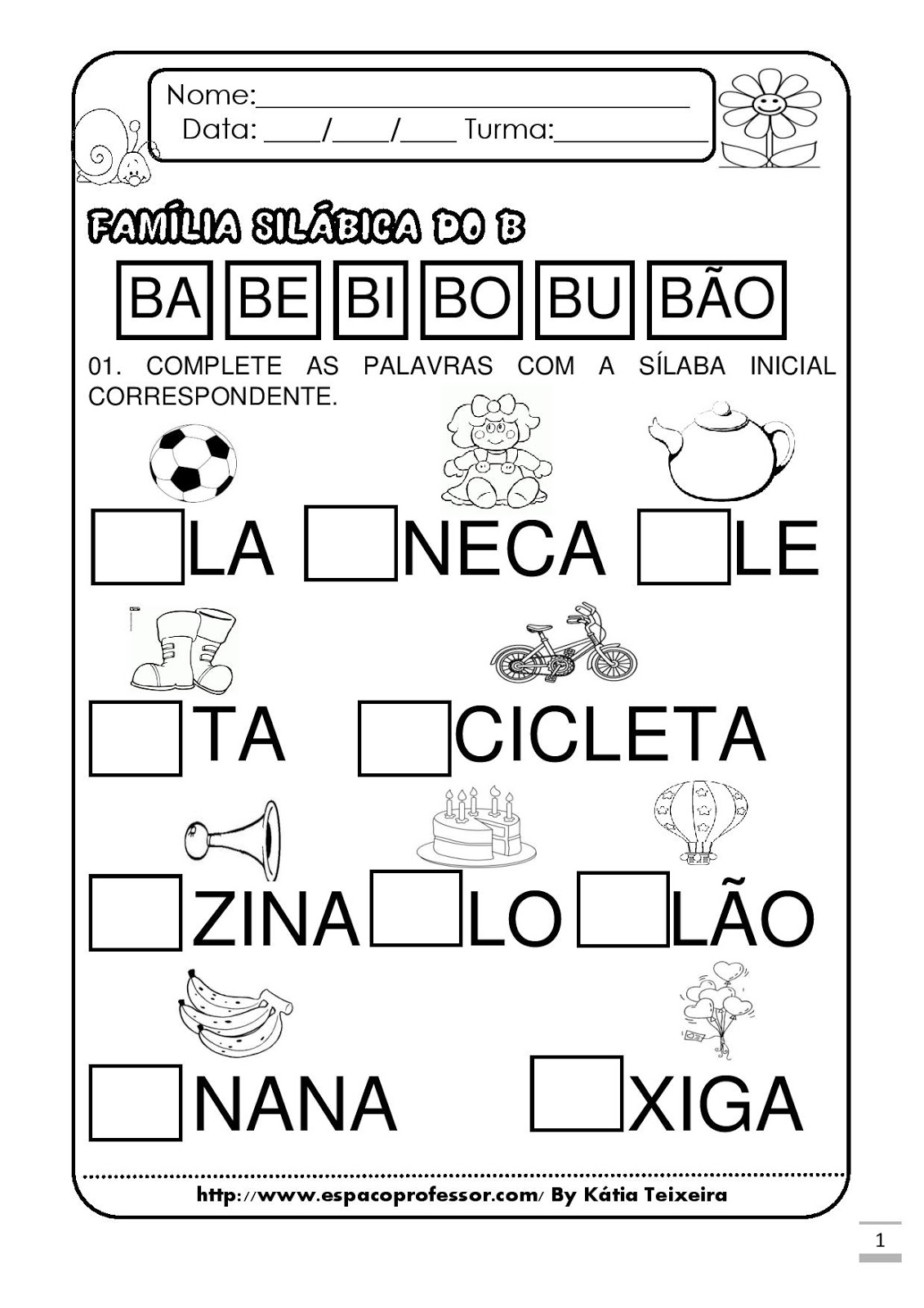 Atividades sílaba inicial letras B, C, D, F, G - Para Imprimir