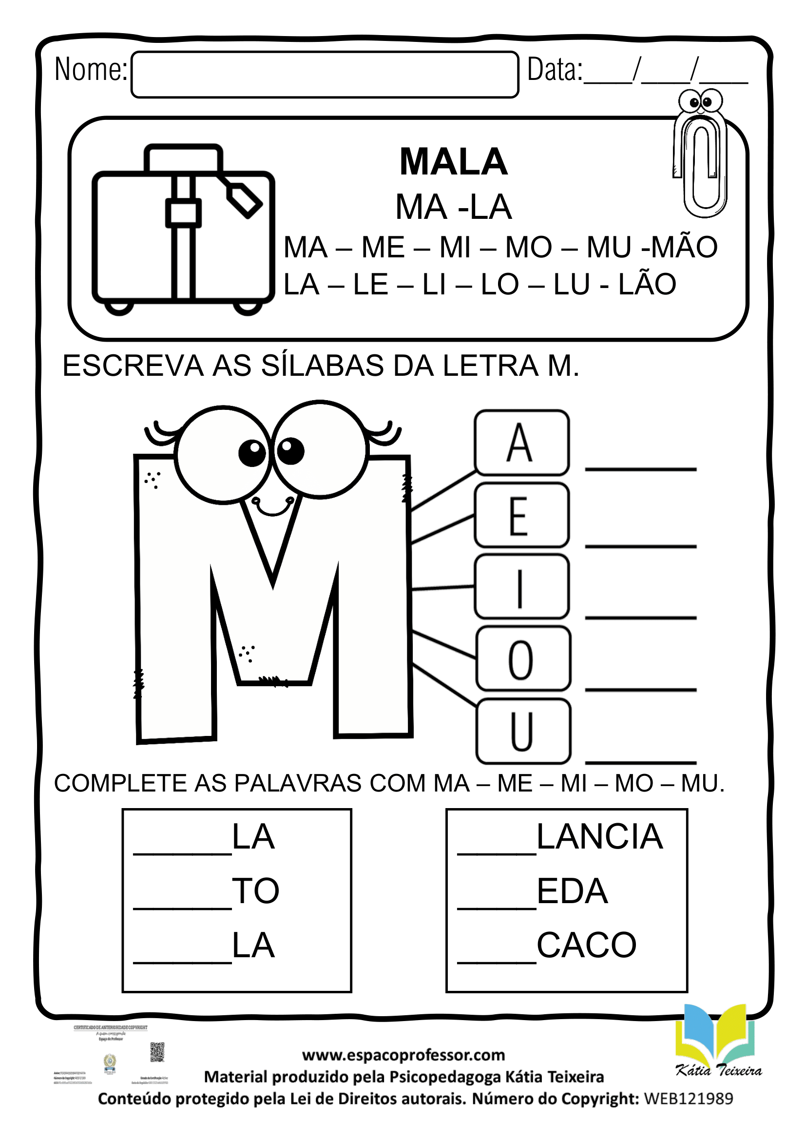 Atividades de alfabetização letra M em PDF para baixar