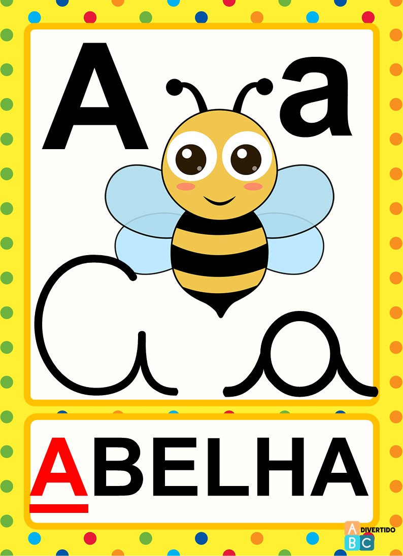 Alfabeto para imprimir em PDF com 4 tipos de letras, desenho e palavra