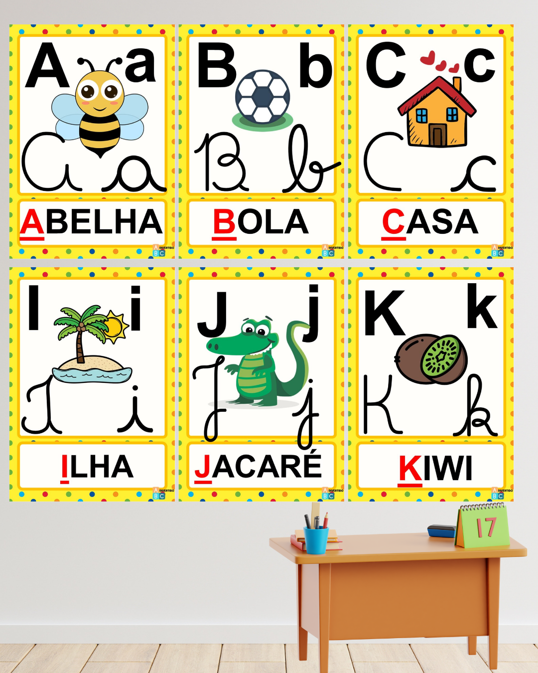 Alfabeto para imprimir em PDF com 4 tipos de letras, desenho e palavra