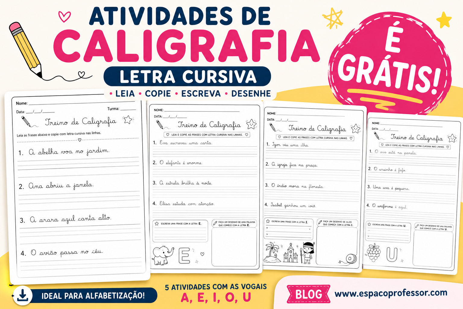Atividades de Caligrafia com Vogais em Letra Cursiva para Imprimir